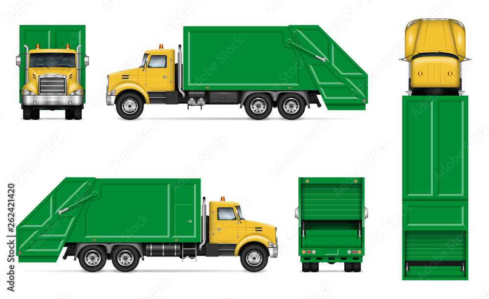Realistic white garbage truck vector mockup. Isolated template of dump ...