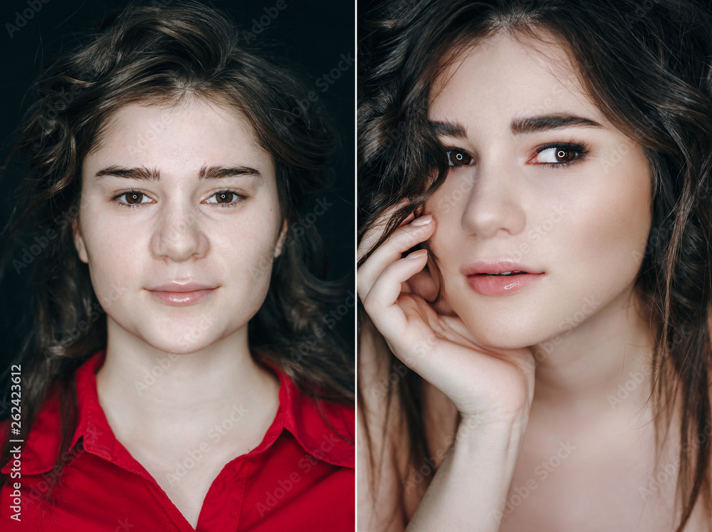 Woman Before After Make-up Comparison Portrait. Lady on Black ...