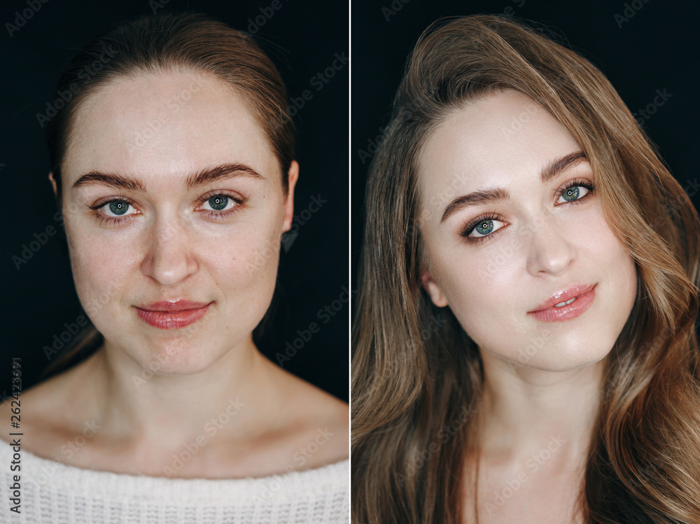 Woman Makeup Contrast Portrait Black Background. Fashion Lady with Long ...