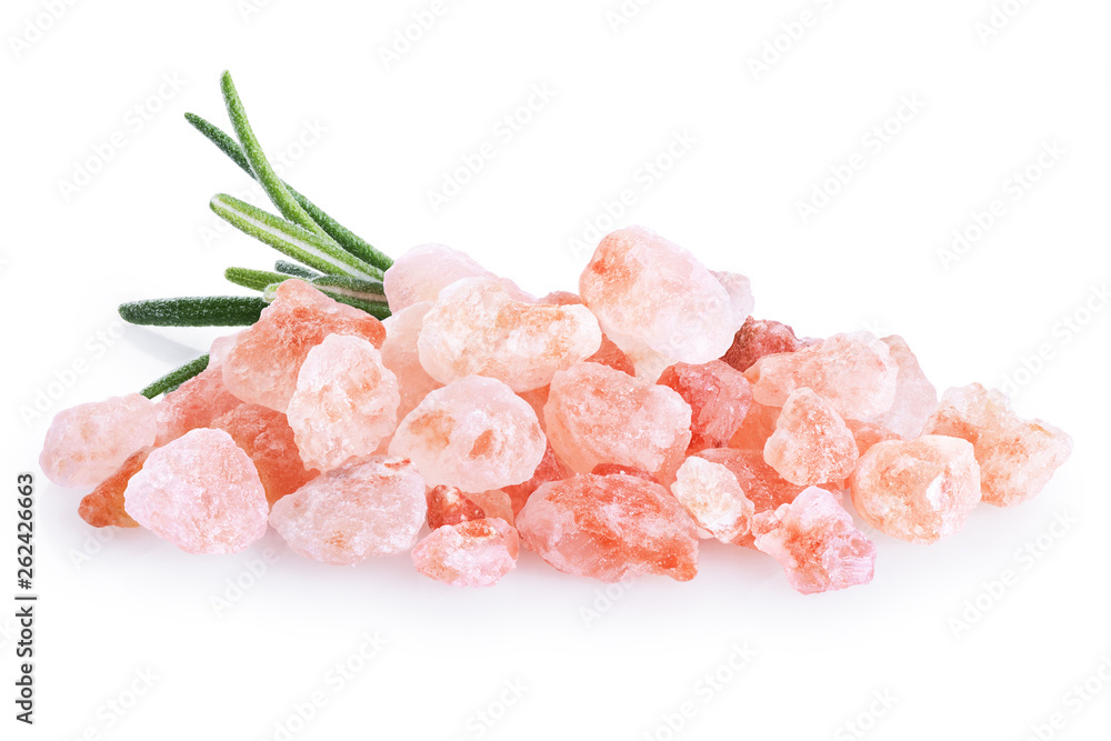 Himalayan pink salt and rosemary isolated on white background. Stock ...