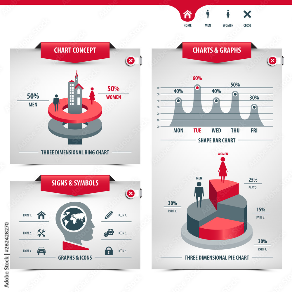 set of charts and statistics containing graphs, signs and symbols, info ...
