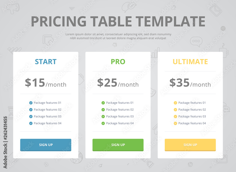 Pricing Table Template with Three Plan Type - Start Pro and Ultimate ...