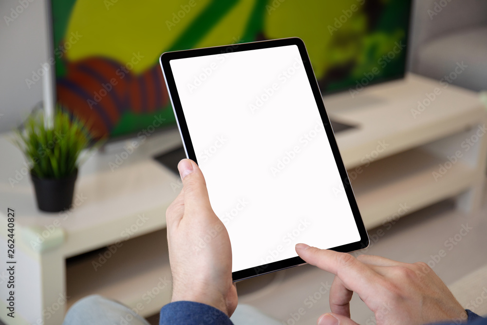 man hands holding computer tablet with isolated screen in room Stock ...
