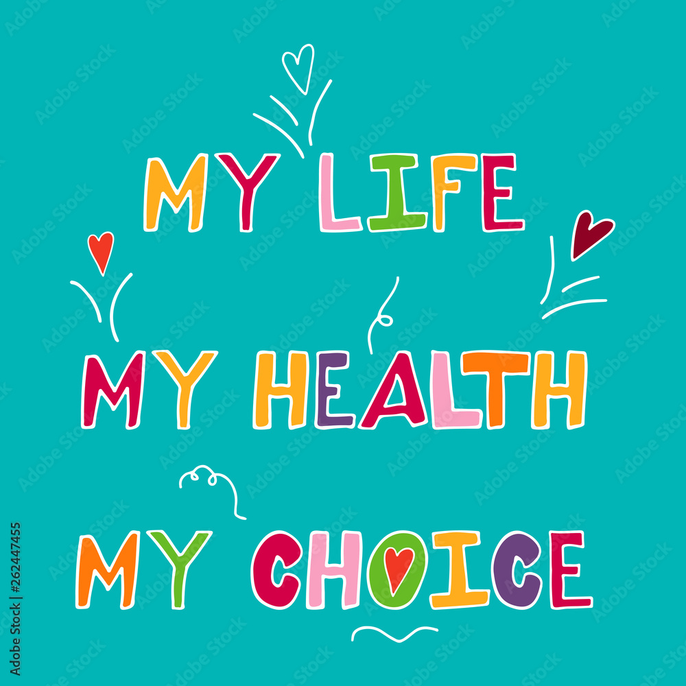 Hand drawn vector illustration of woman health. Text my health, my life ...