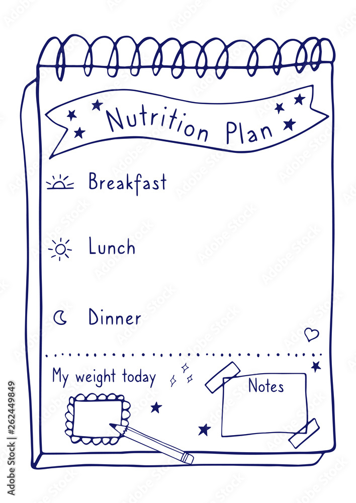 Cartoon illustration of nutrition plan. Hand drawn diet plan in doodle ...