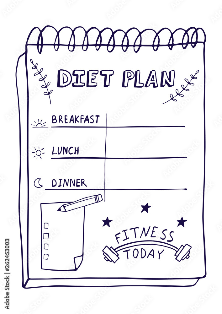 Cartoon illustration of nutrition plan. Hand drawn diet plan in doodle ...