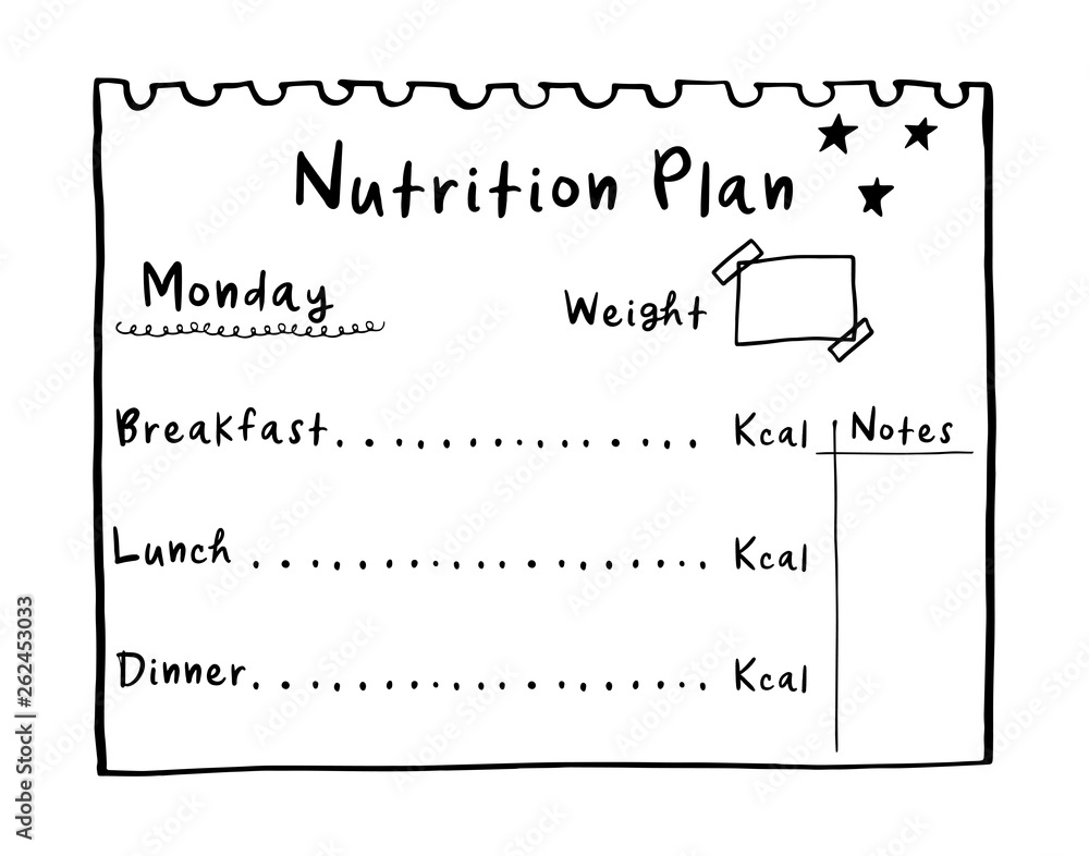 Cartoon illustration of nutrition plan. Hand drawn diet plan in doodle ...