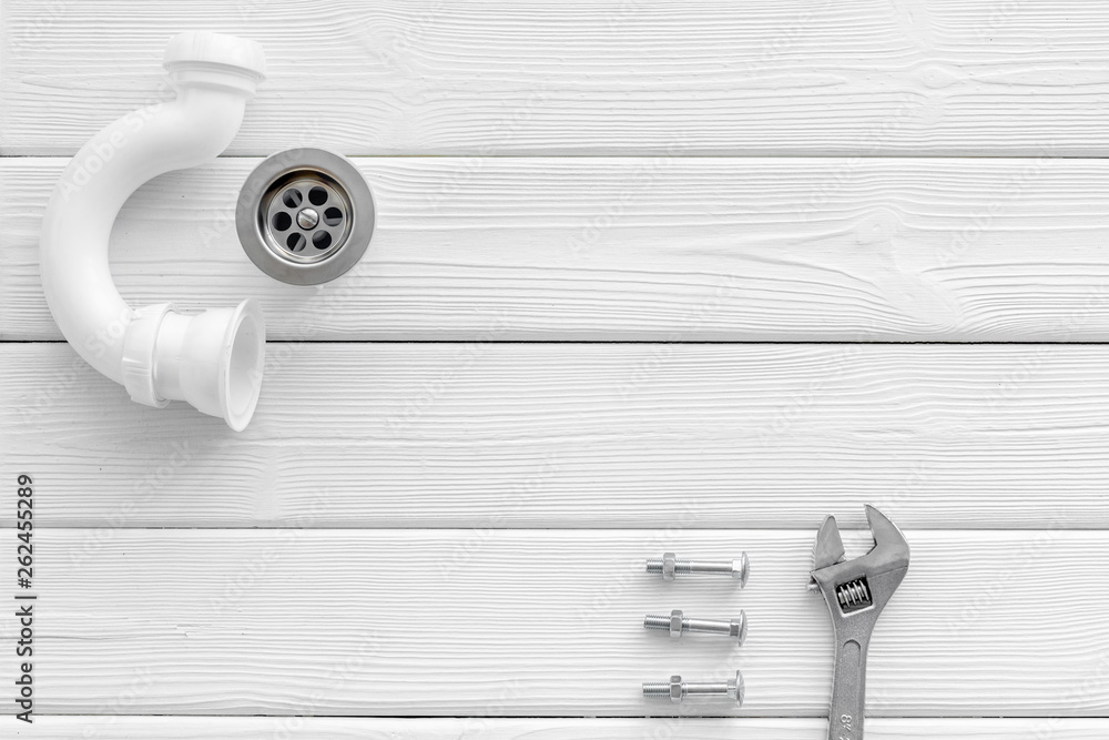 Plumber work with instruments, tools and gear on white background top ...