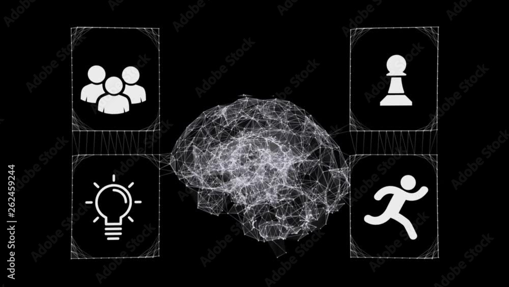 3D graphic of rotating transparent brain structure in white on a solid ...