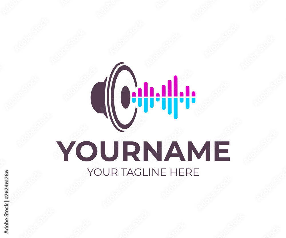 Music, sound speaker with sound waves, logo design. Musical, woofer, subwoofer and loudspeaker ...