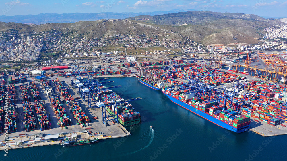 Aerial photo of industrial cargo container loading terminal located in ...