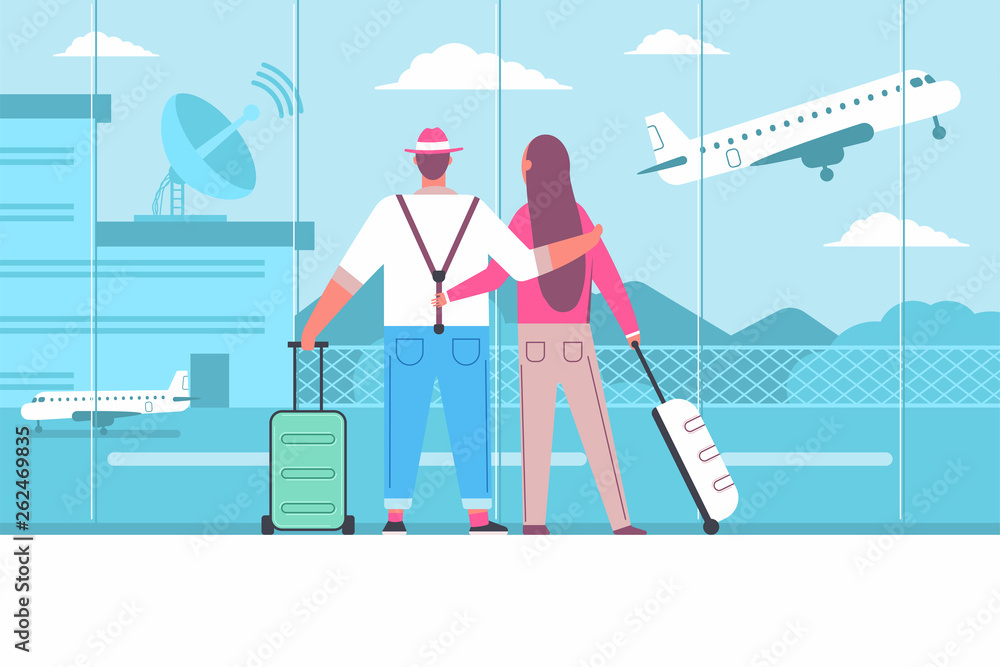 Family in the airport with luggage. Young couple waiting for airplane ...