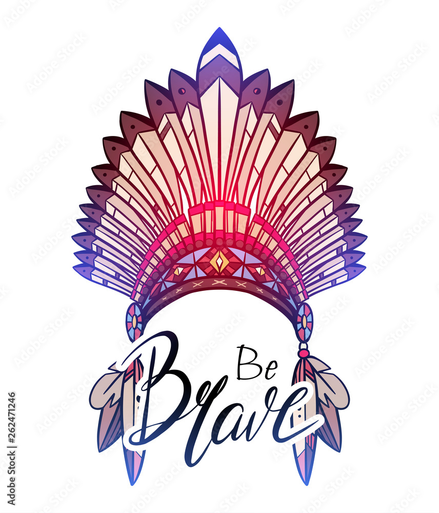Coloring drawing of native cap of Indian with feathers,decorations and ...