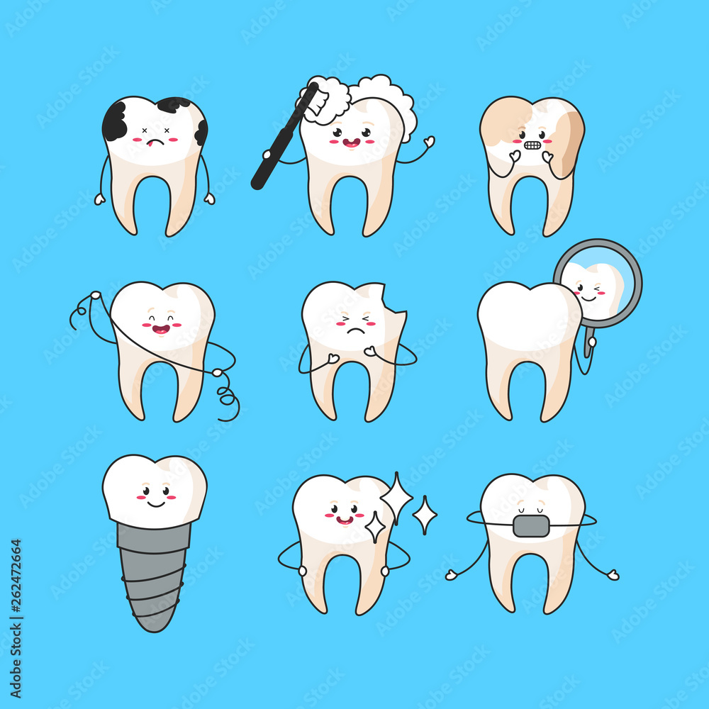 Happy teeth set. Cute tooth characters. Dental personage vector ...