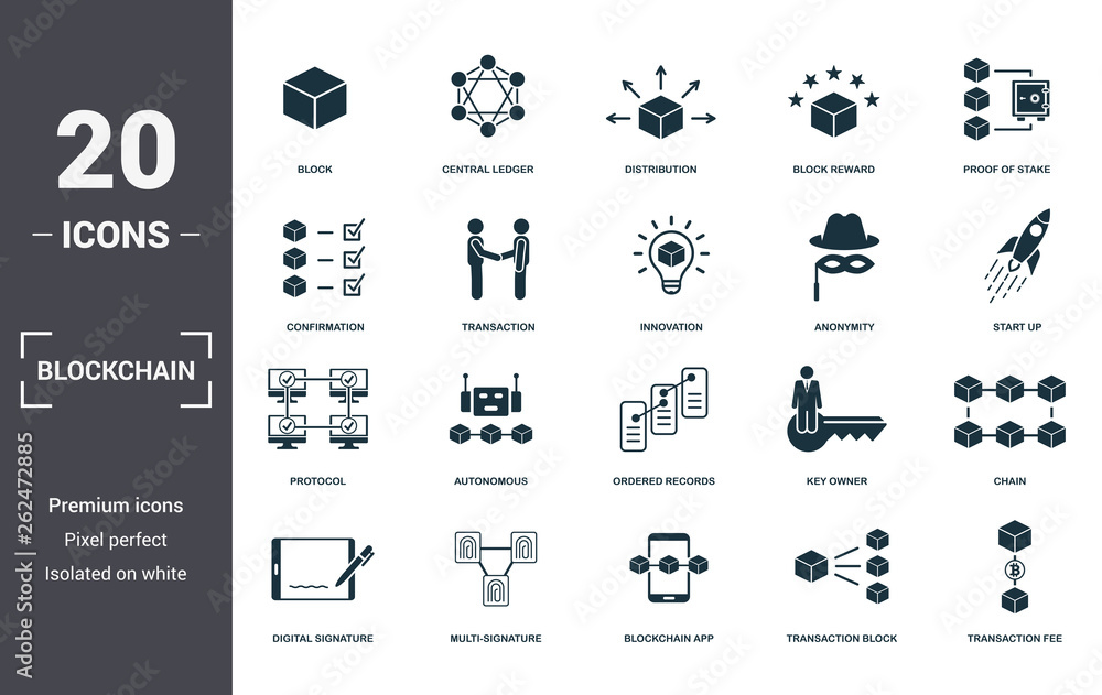 Blockchain set icons collection. Includes simple elements such as Block ...