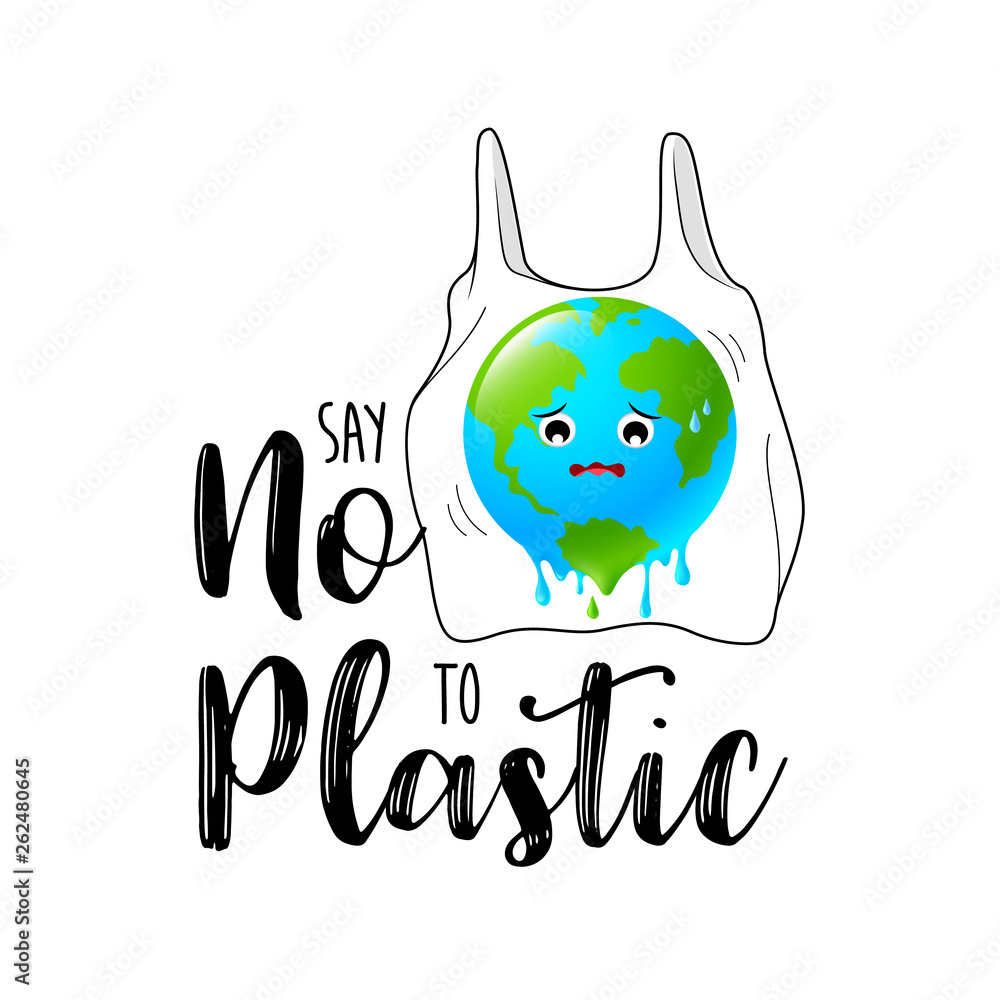 cartoon globe character in plastic bag. Say no to plastic concept ...