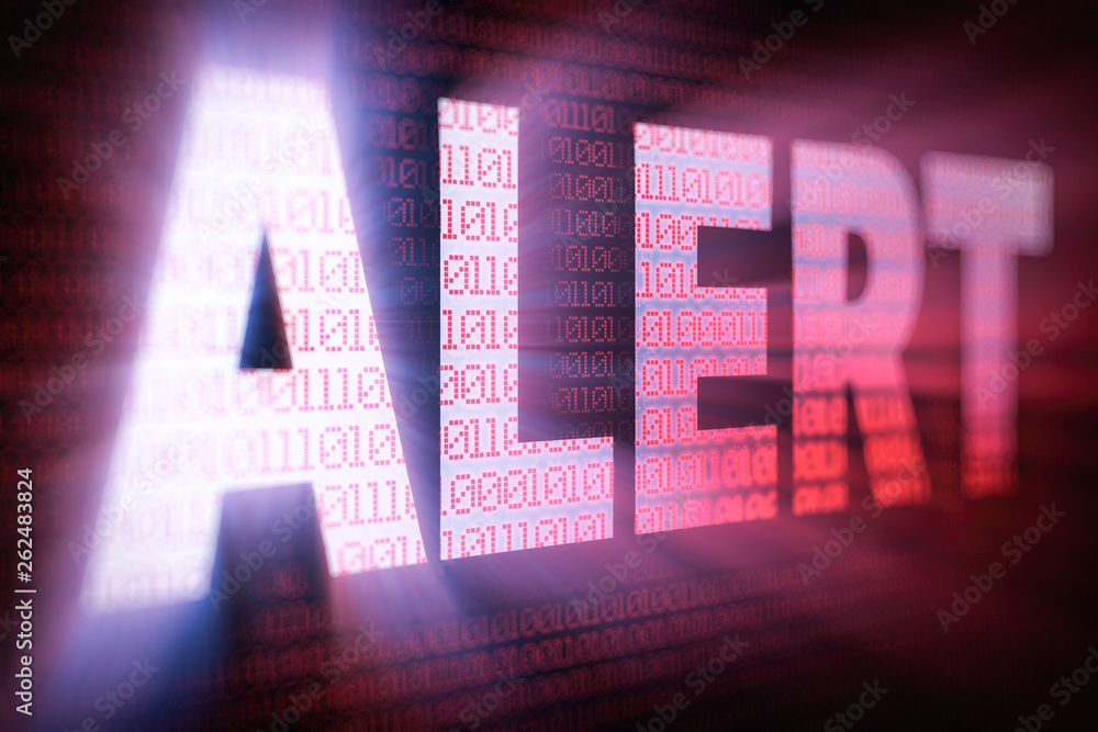 ALERT bright glowing word on computer screen filled with binary code ...