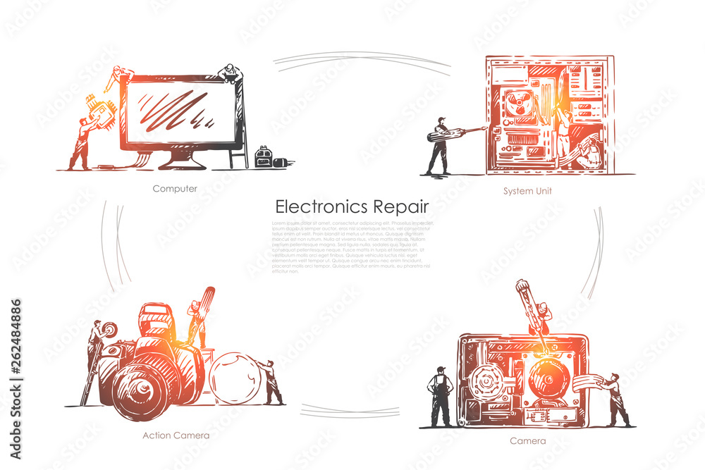 Technical equipment workshop, tiny people fixing computer, system unit ...