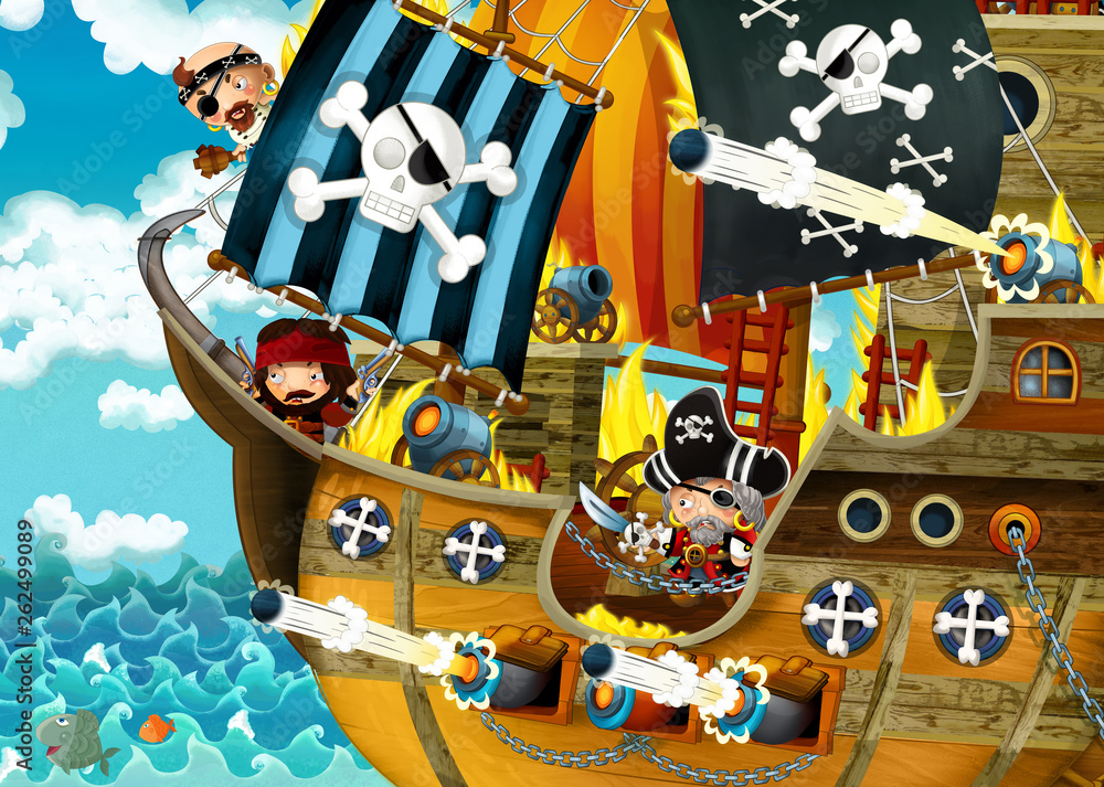 cartoon scene with pirate ship sailing through the seas with scary ...