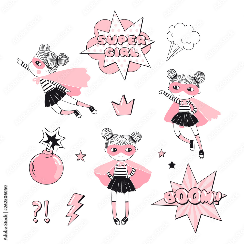 Cartoon Supergirl characters and elements set. Girlish Pink Super Hero ...