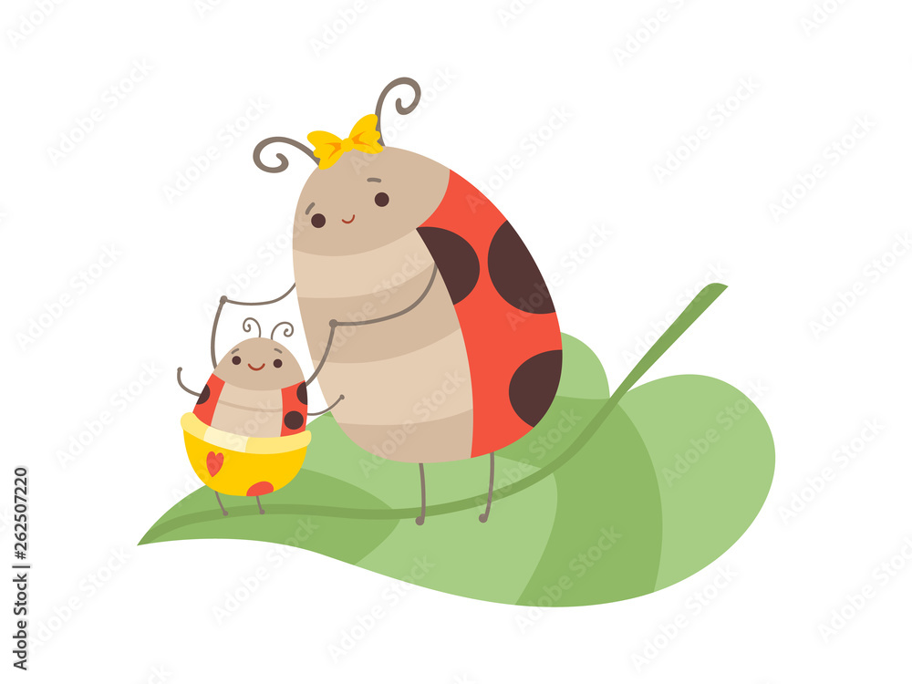 Happy Ladybug Family, Mother Ladybug and Her Baby Sitting on Green Leaf ...