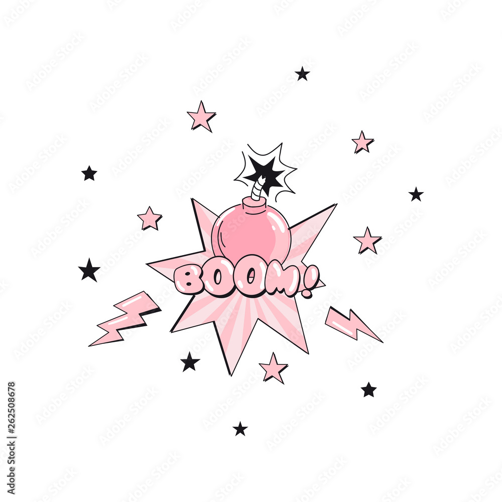 Little cartoon pink bomb illustration with boom text. Girlish Pink ...