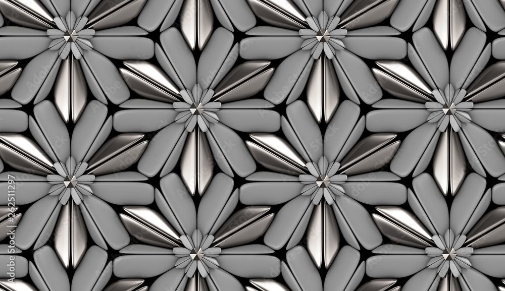 3d gray matte tiles with silver matte elements on black background ...