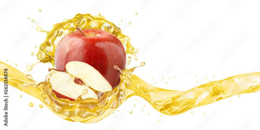 Fresh ripe apple, apple slice and juice or cider vinegar splash wave ...