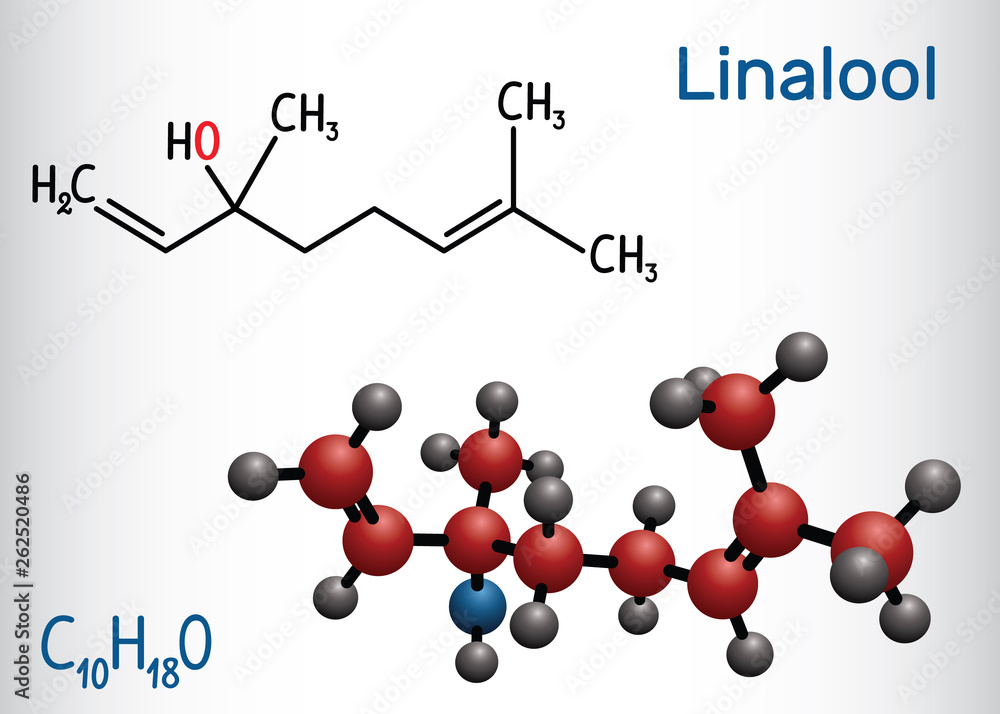 Linalool molecule. Structural chemical formula and molecule model Stock ...