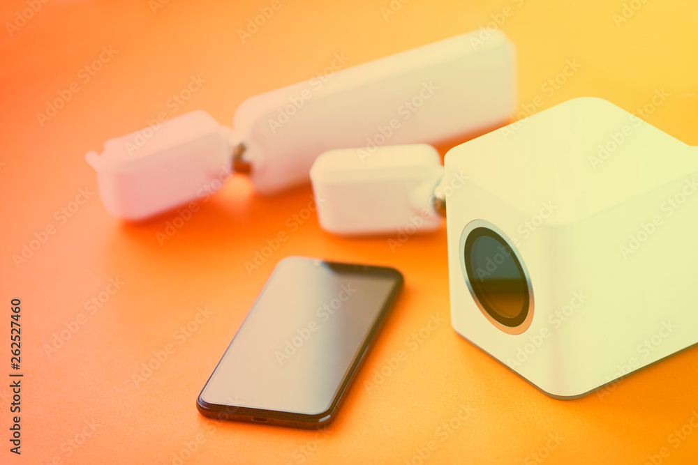 Wifi business concept. Wifi router, access points, mobile phone, laptop ...