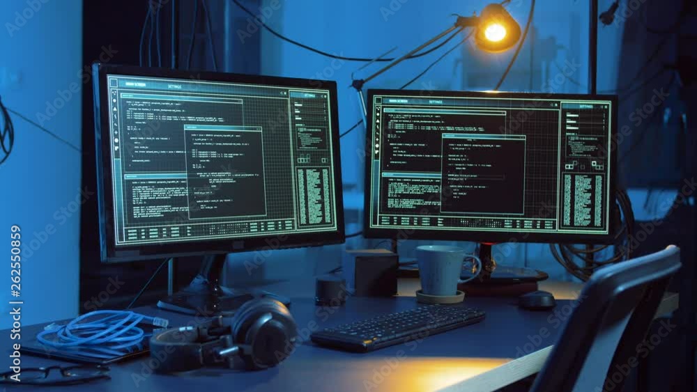 cybercrime and technology concept - hacking of computer system by virus cyber attack in dark ...