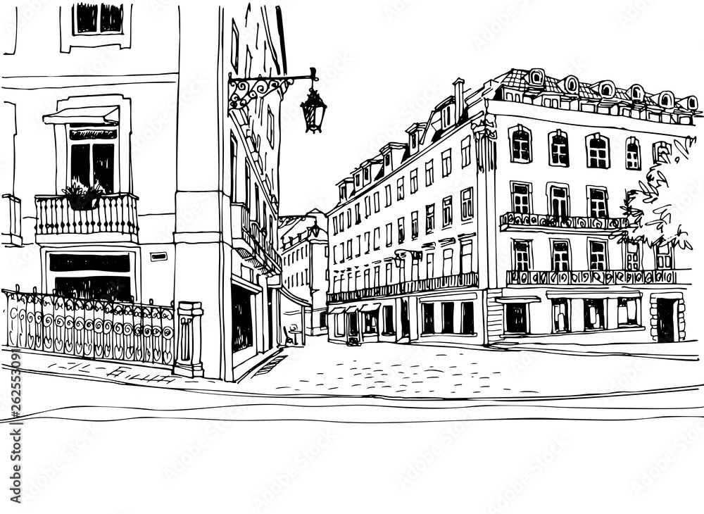 Old street view sketch. Urban landscape in hand drawn line style. Ink ...