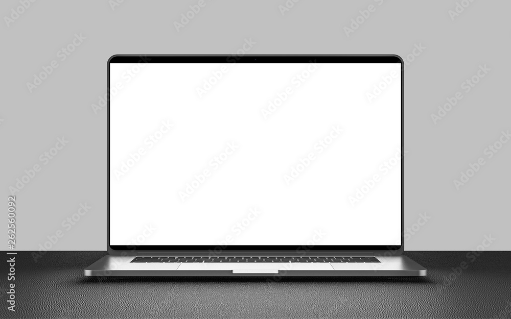 Laptop with blank screen isolated on gray background, white aluminium ...