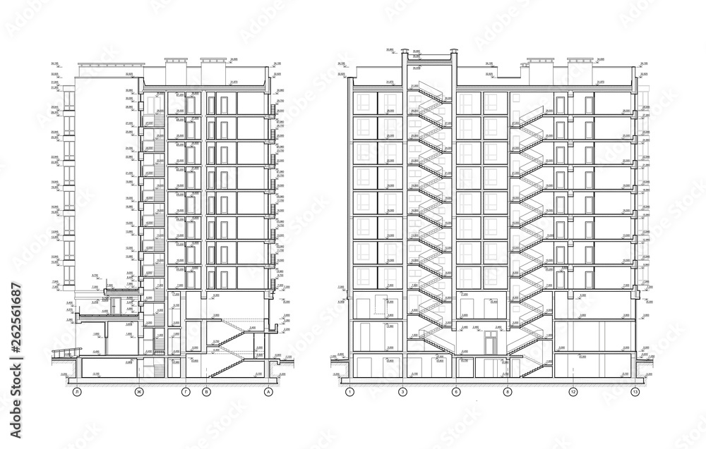 Multistory building section, detailed architectural technical drawing ...