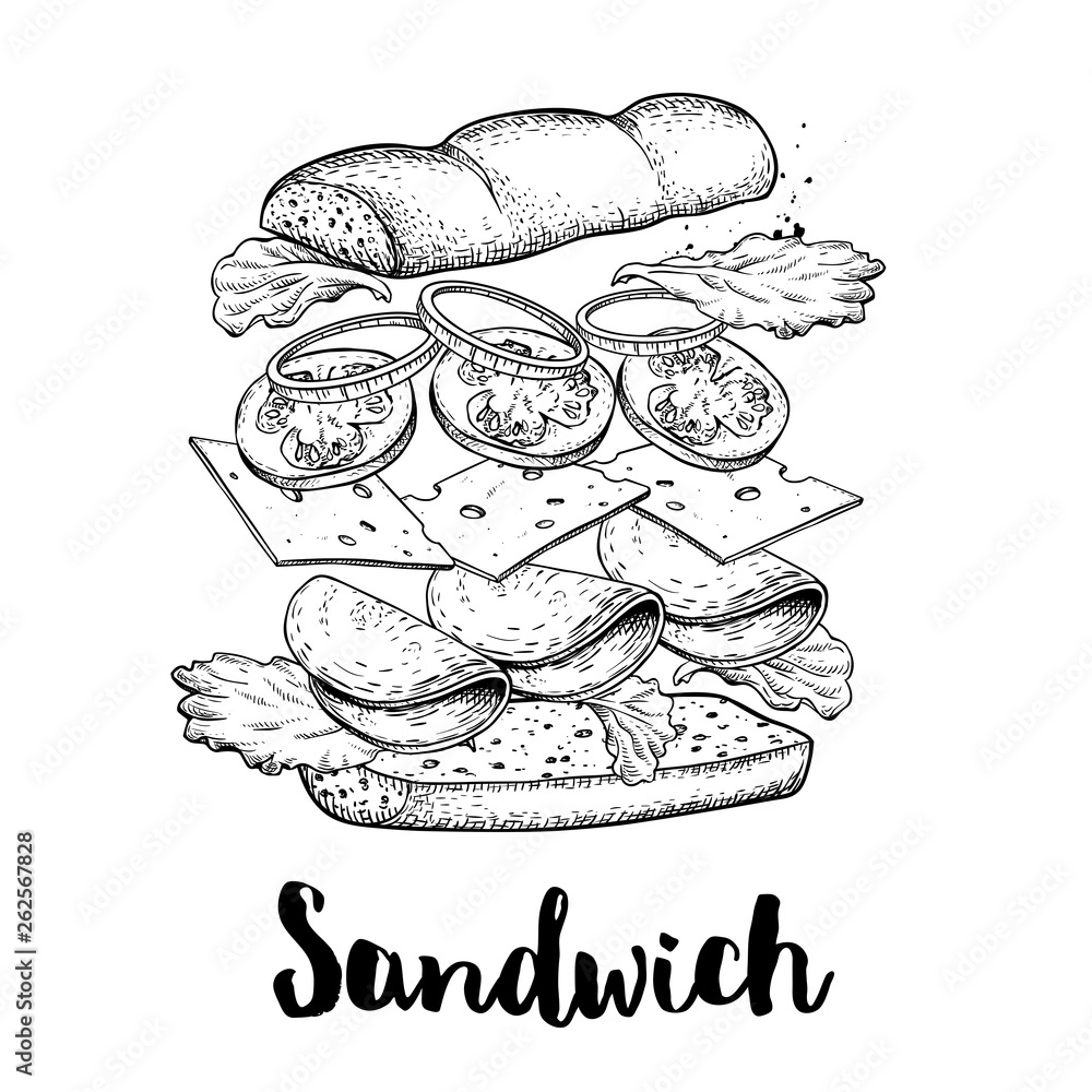 Sandwich constructor. Flying ingredients with big chiabatta bun. Hand ...