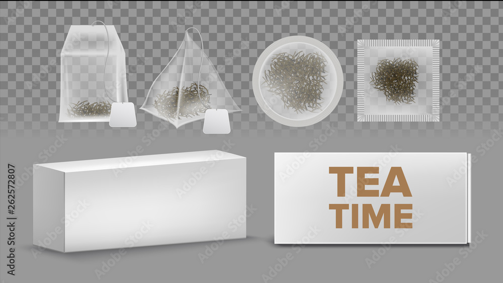 Teabags Mockups With Labels Various Shapes Vector Set. Rectangle ...