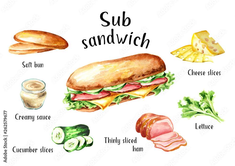 Sub Sandwich with ham, cheese and vegetables ingredients set ...