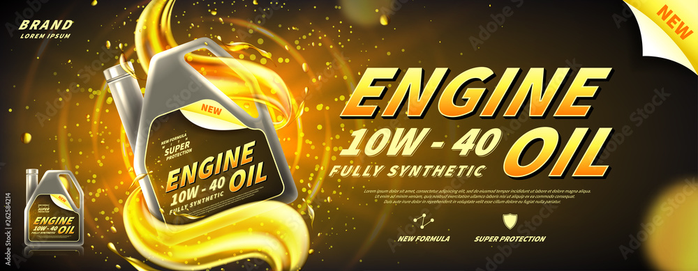 Engine oil advertisement banner. Vector illustration with realistic ...