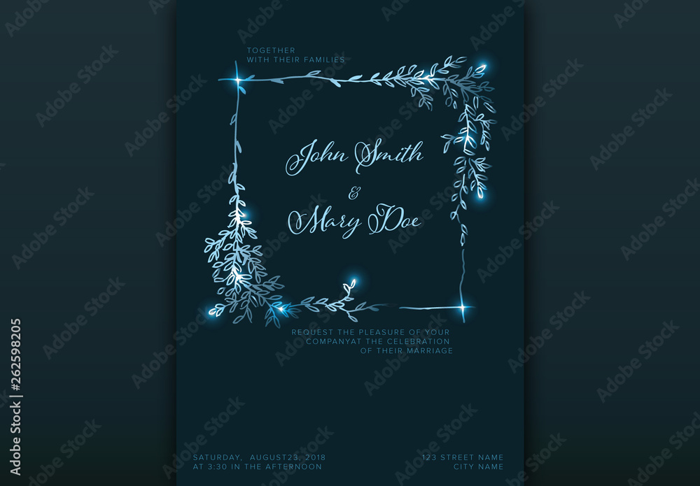 Dark Blue Wedding Invitation Layout with Light Natural Accents Stock ...