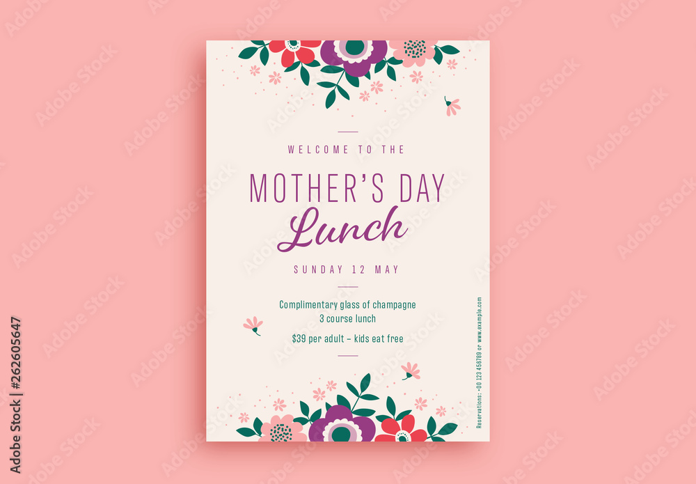 Mother‘s Day Lunch Flyer Layout with Illustrative Flowers Stock ...