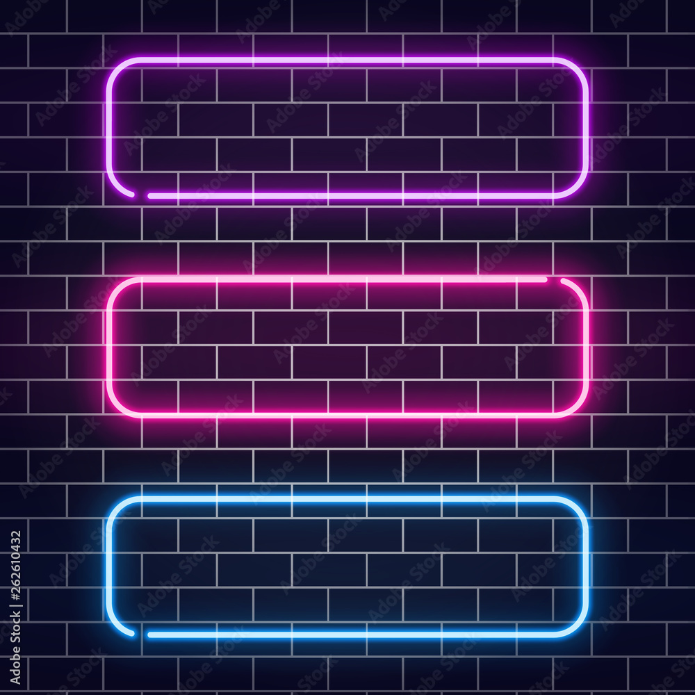 Neon banners set. Color neon frames on brick wall. Realistic glowing ...