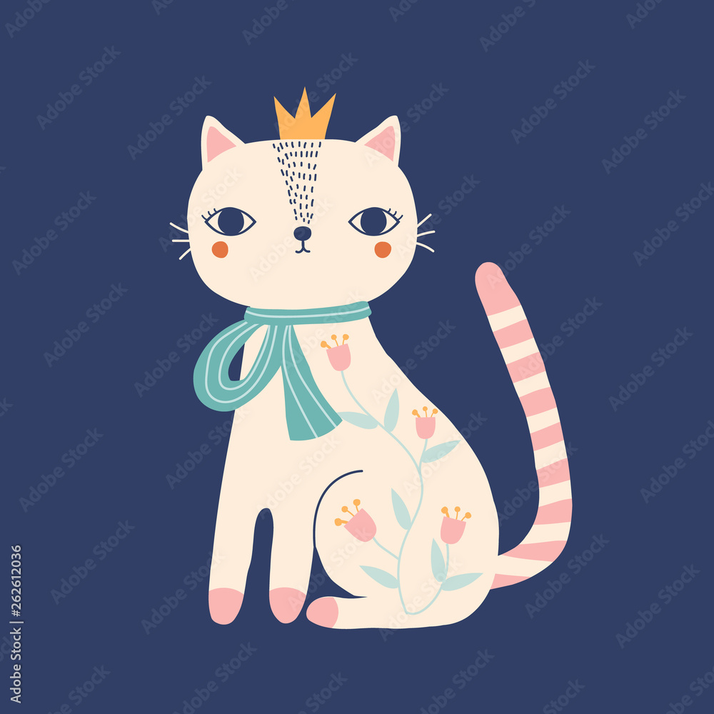White cat princess with crown. Cute kids graphic. Vector hand drawn ...
