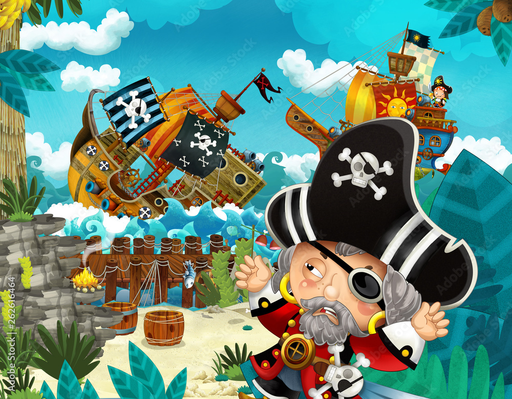 cartoon scene with pirates on the sea battle with sinking ship ...