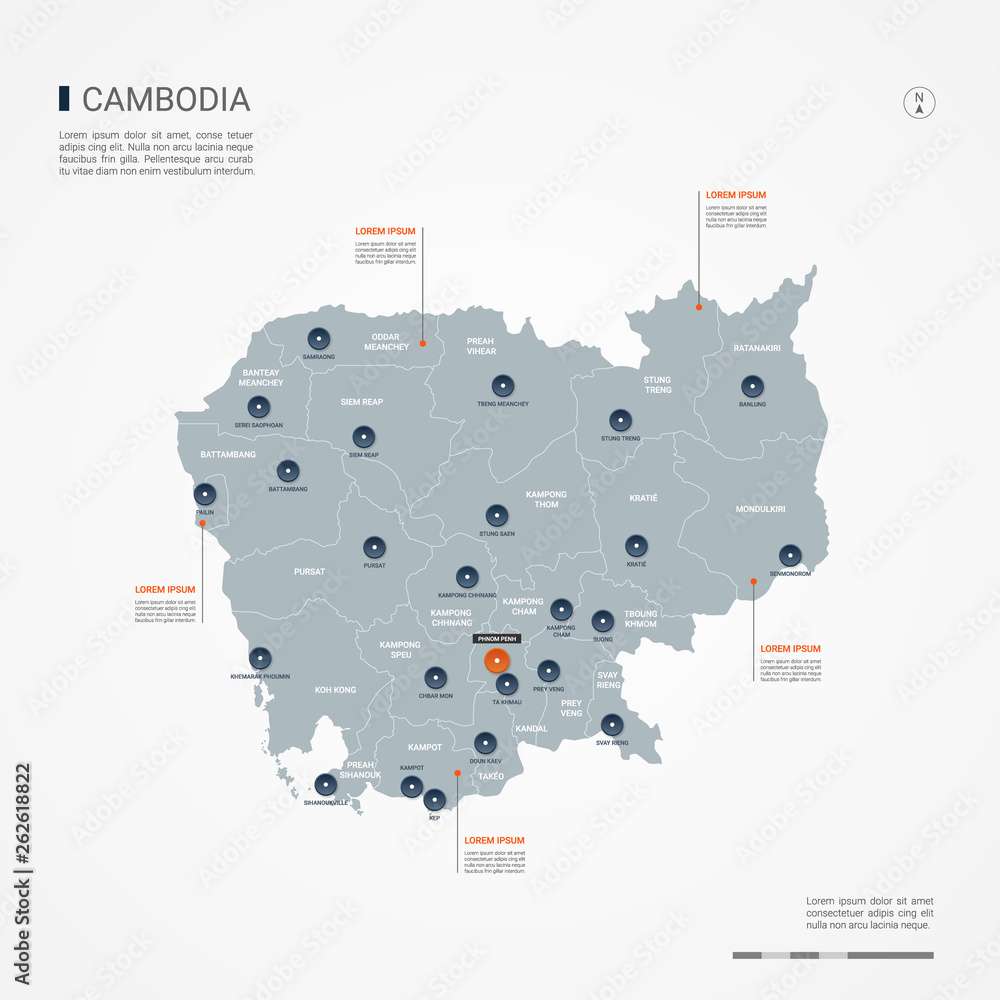 Cambodia map with borders, cities, capital and administrative divisions ...