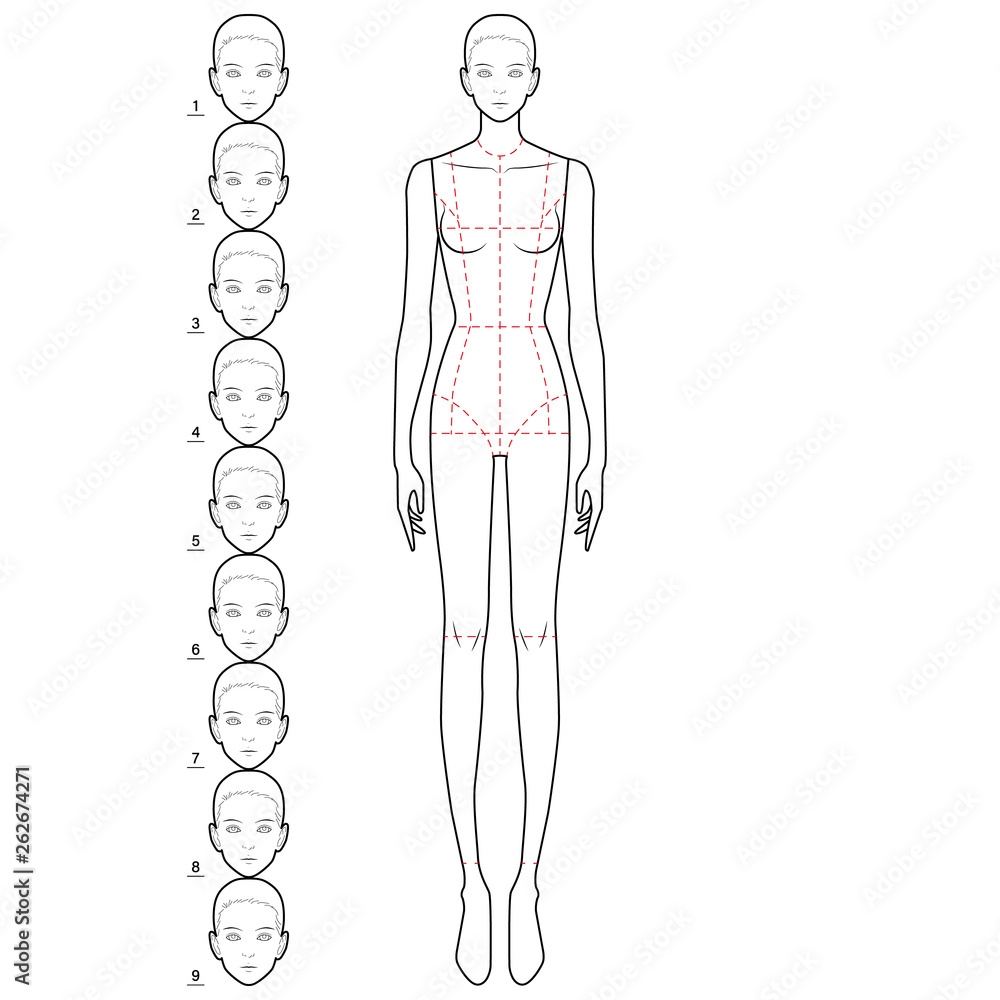 Fashion Figure Template 9 Head Stock Vector | Adobe Stock