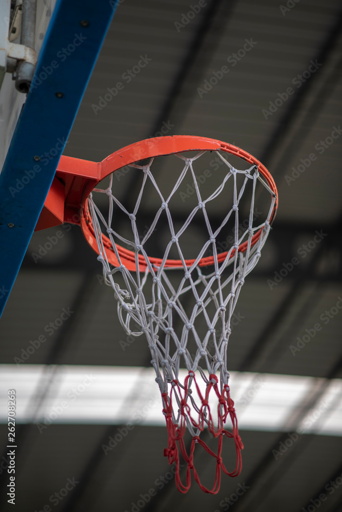 An interior space of a basket ball court showing a scaffolding metal ...