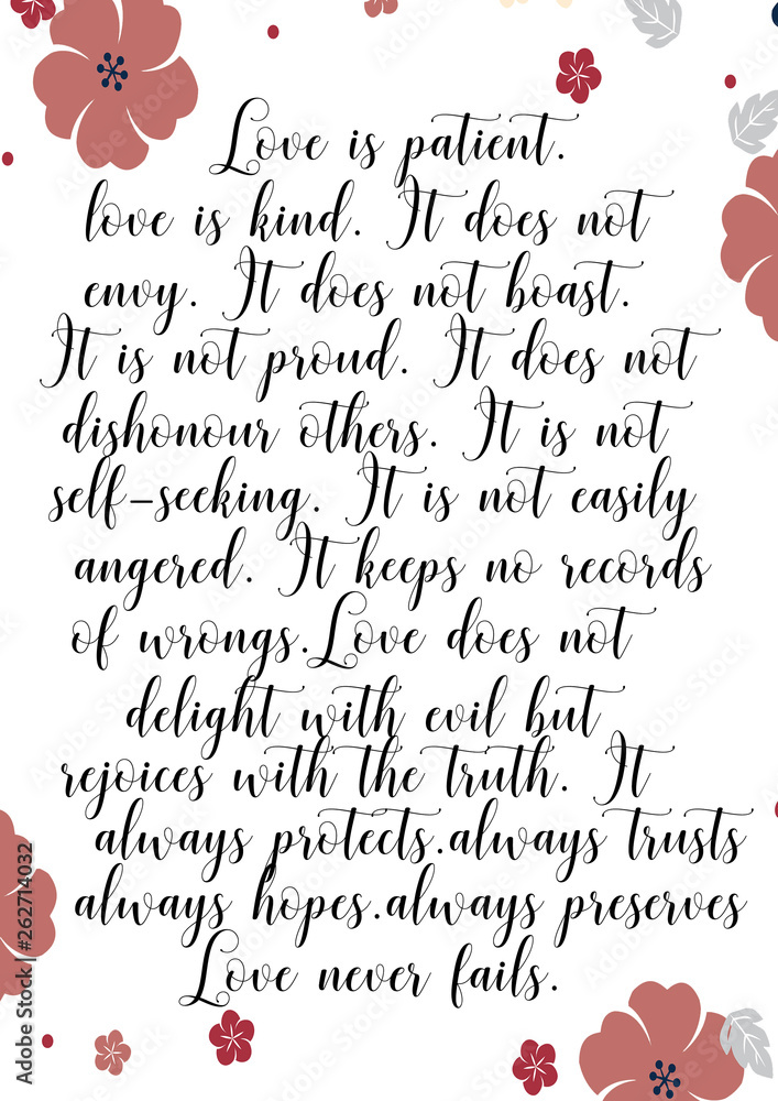 Poster Love is beautiful, love is kind. Love poem with floral border ...