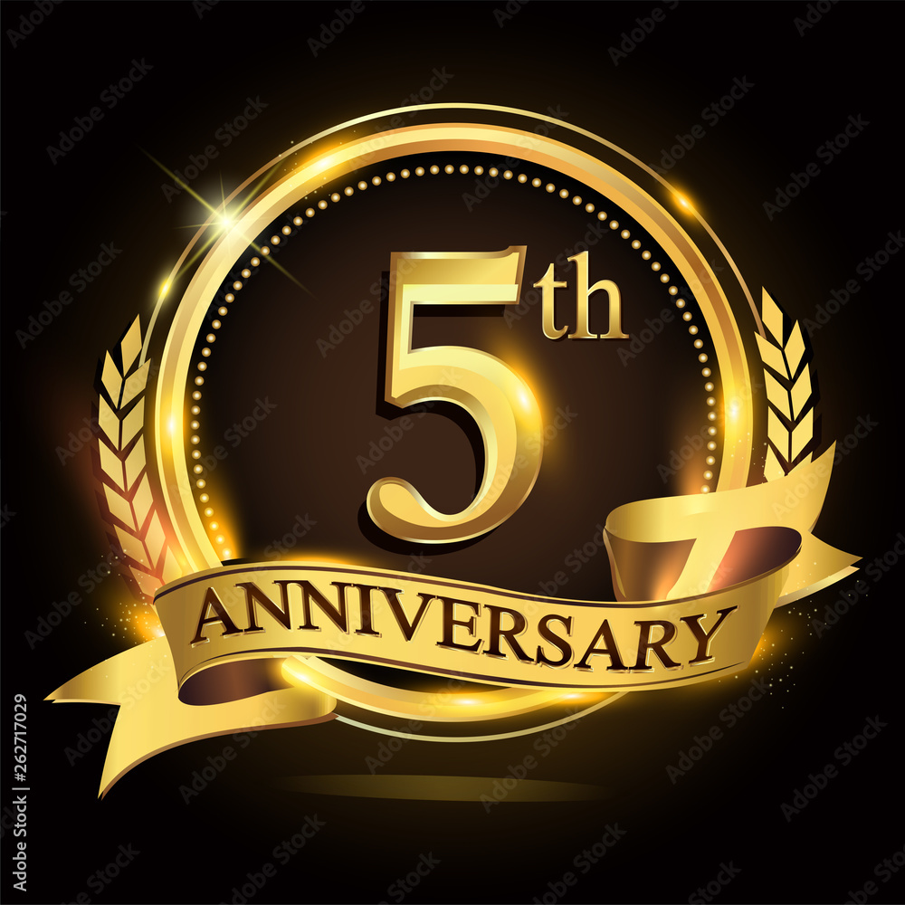 5th golden anniversary logo with ring and ribbon, laurel wreath vector ...