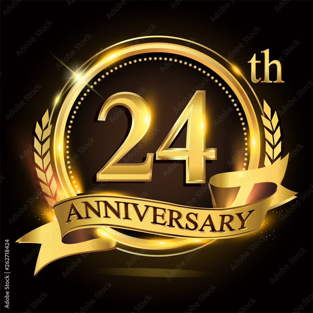 24th golden anniversary logo with ring and ribbon, laurel wreath vector ...
