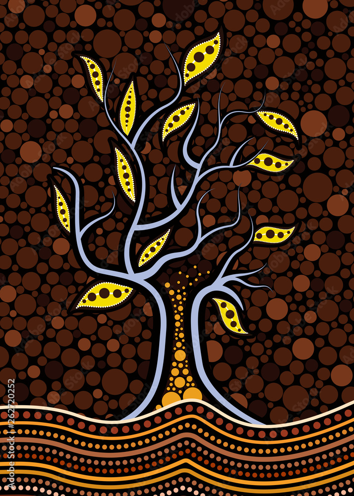 Tree on the hill, Aboriginal tree, Aboriginal art vector painting with ...